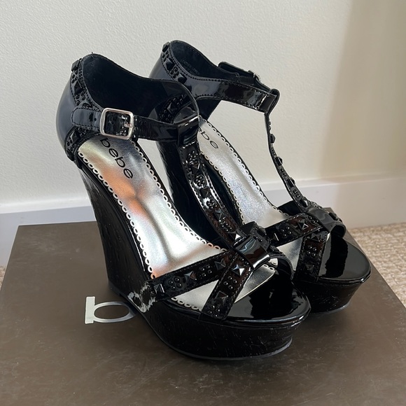 bebe | Shoes | Bebe Georgia Black Patent Leather Wedge | Poshmark